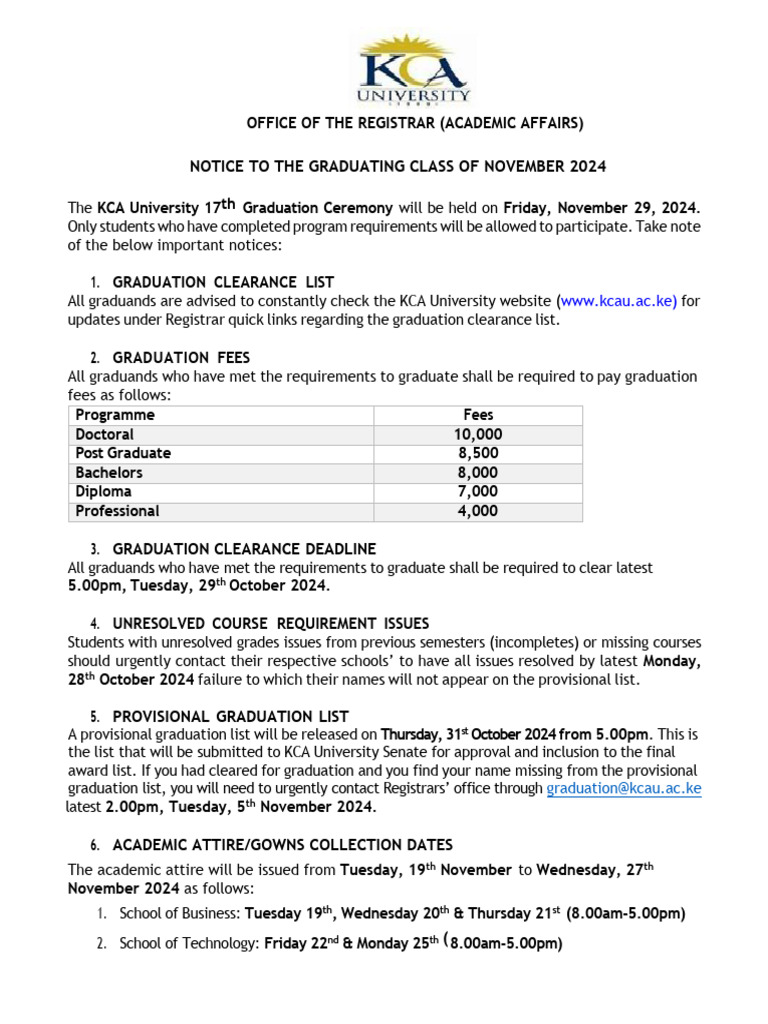 KCA University Graduation Notice 2024 | PDF | Home & Garden ...