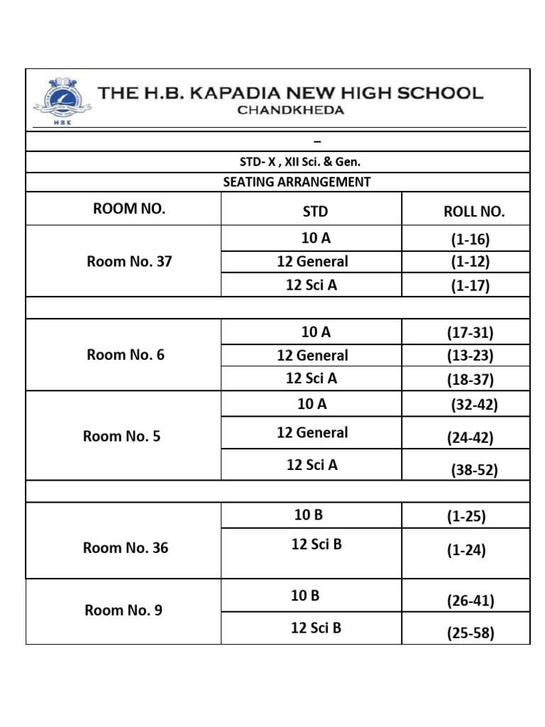 Seating Arrangment First Terminal Exam STD-10 & 12 | PDF
