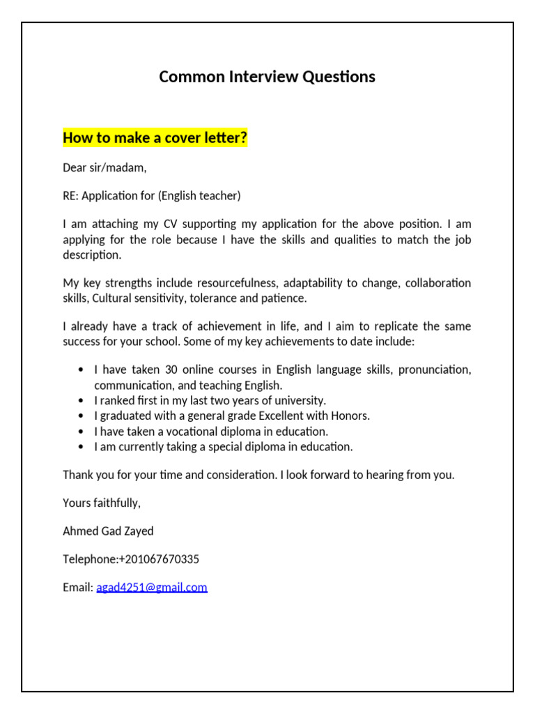 Common Interview Questions | PDF | English As A Second Or Foreign ...