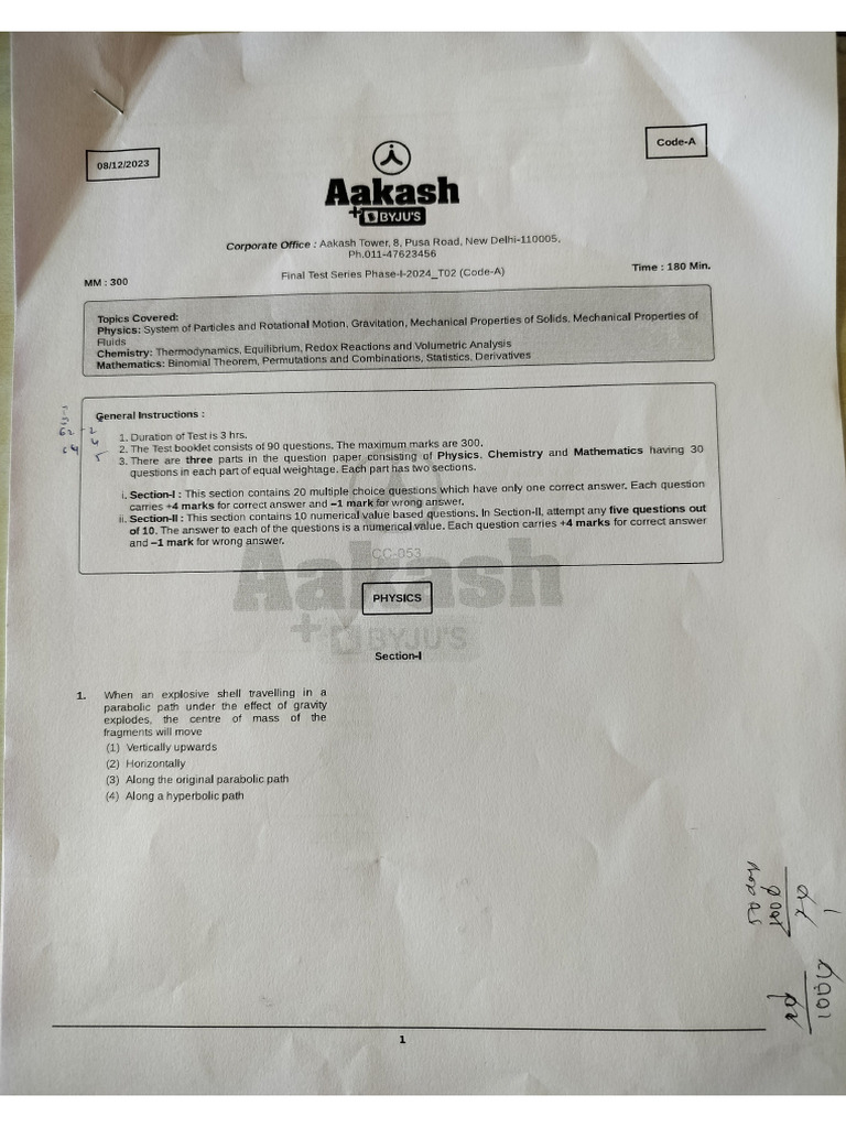 Aakash Final Test Series-02 (08-12-2023) | PDF