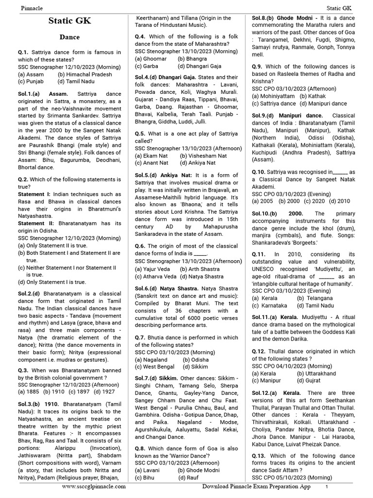 STATIC PINNACLE General Knowledge | PDF | Performing Arts | Dances