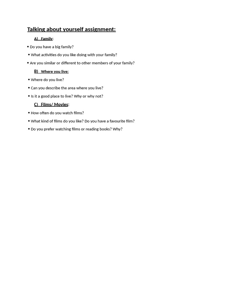 Talking About Yourself Assignment | PDF | Language Arts & Discipline