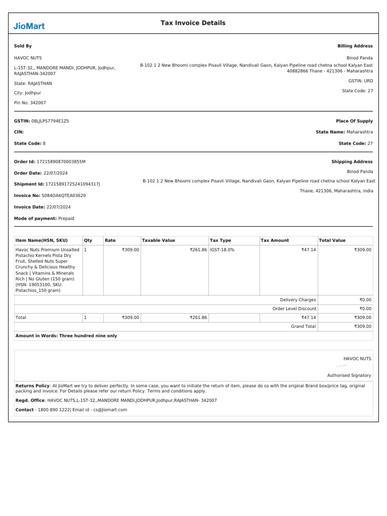 JioMart Invoice 1722240804911 | PDF | Nut (Fruit) | Payments