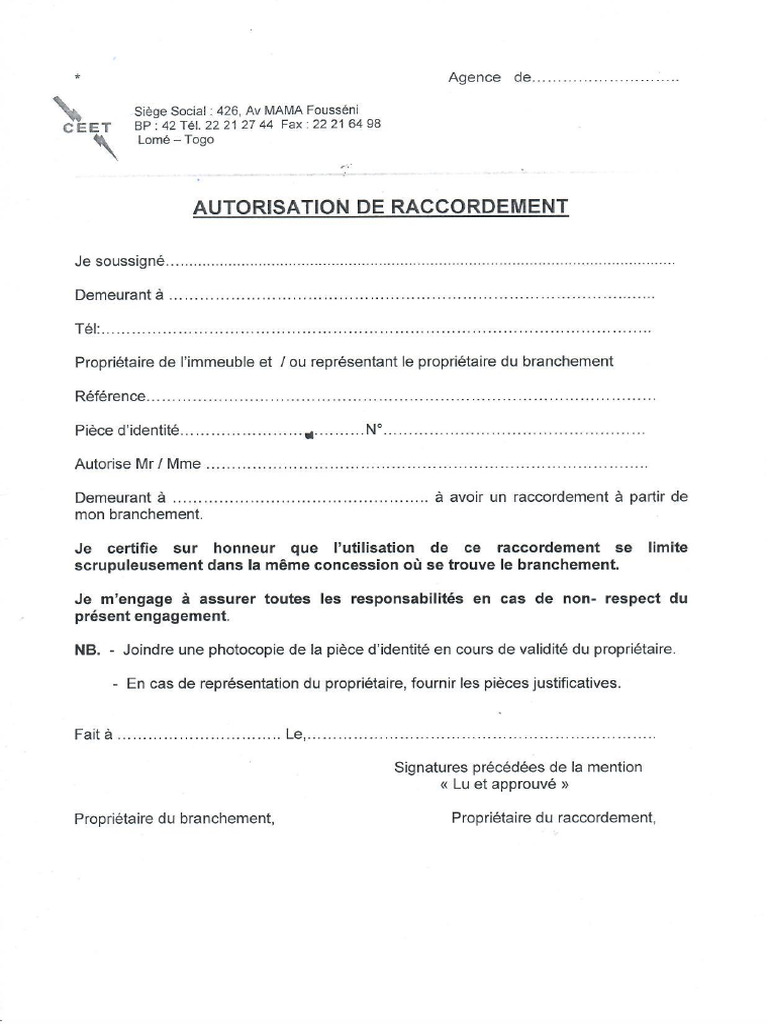 Fiche Autorisation Raccordement | PDF