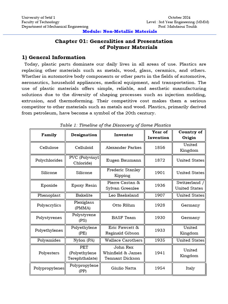 Chapter 01 Generalities and Presentation of Polymer Materials | PDF | Thermoplastic | Copolymer