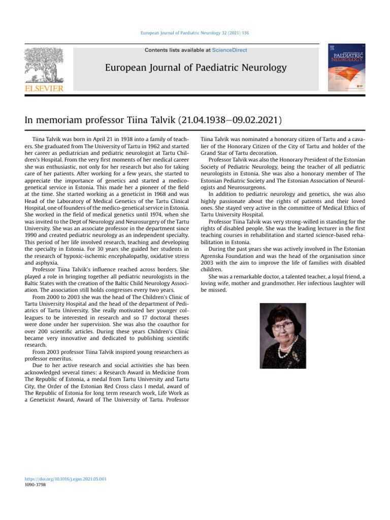 In Memoriam Professor Tiina Talvik (21.04.1938 | PDF | Neurology | Pediatrics