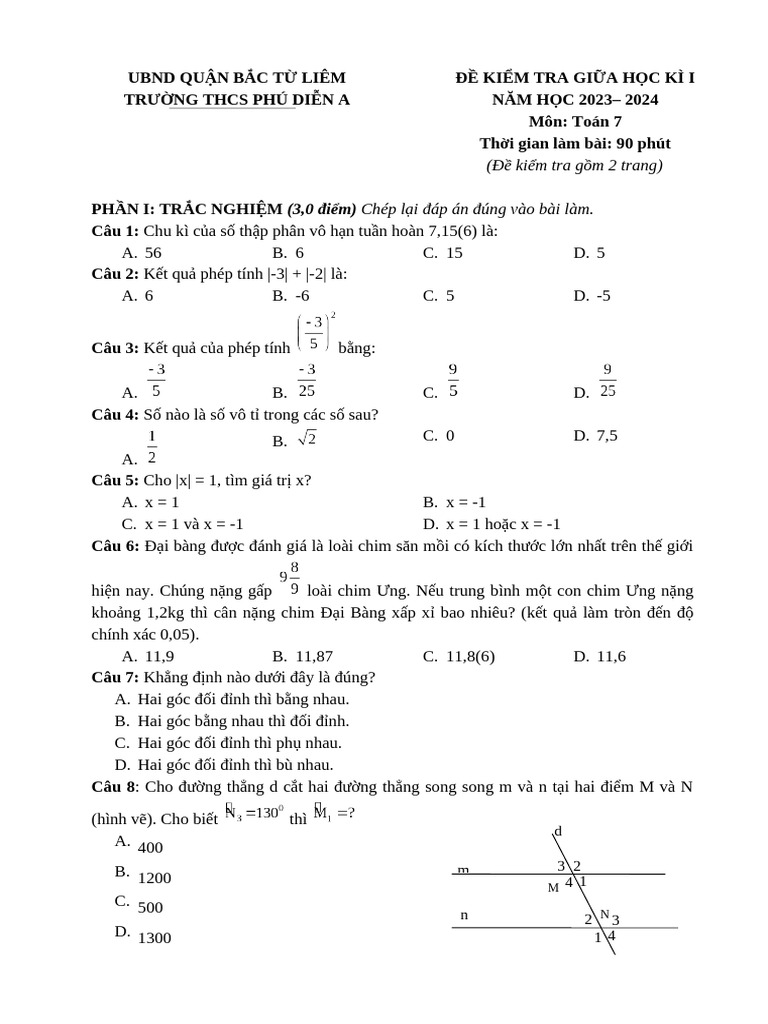 De Giua Hoc Ki 1 Toan 7 Nam 2023 2024 Truong Thcs Phu Dien A Ha Noi | PDF