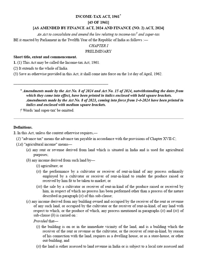 Income Tax Act 1961 Amended by Finance No. 2 Act 2024 | PDF | Cost Of Living | Dividend
