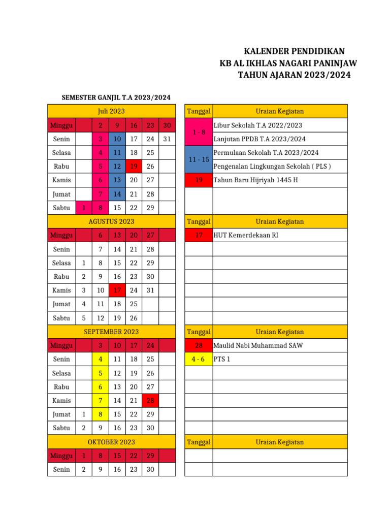 Kalender Pendidikan KB Al Ikhlas 2023/2024 | PDF