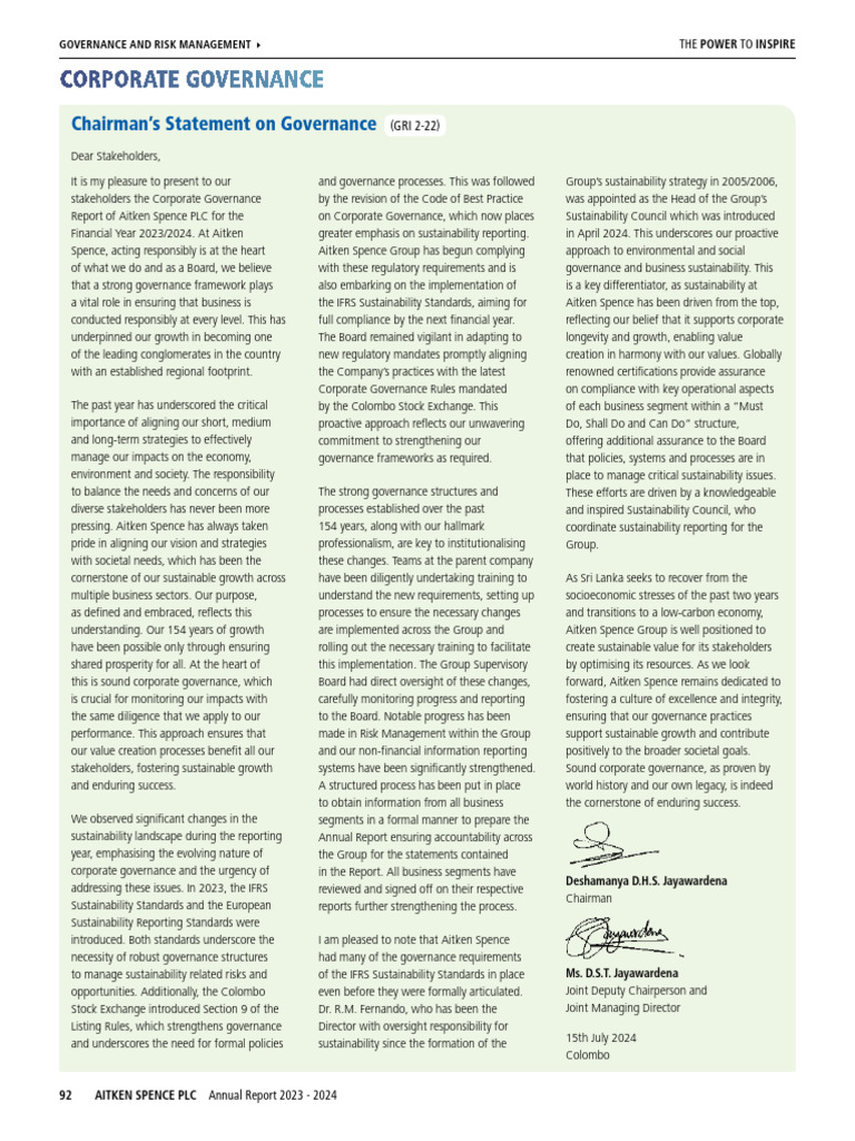 Aitken Spence Corporate Governance Report 2023 | PDF | Governance ...