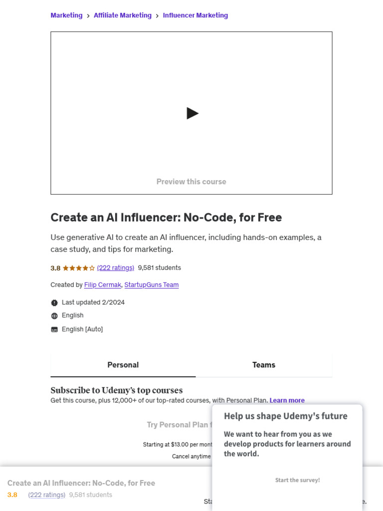 Create An AI Influencer - No-Code, For Free - Udemy | PDF | Artificial ...