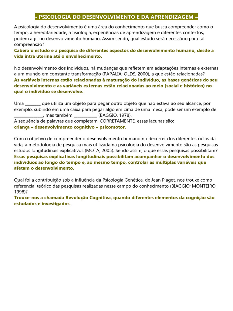 Psicologia Do Desenvolvimento e Da Aprendizagem | PDF | Aprendizado | Psicologia