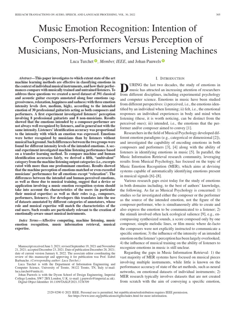 Music Emotion Recognition Intention of Composers-Performers Versus Perception of Musicians Non ...