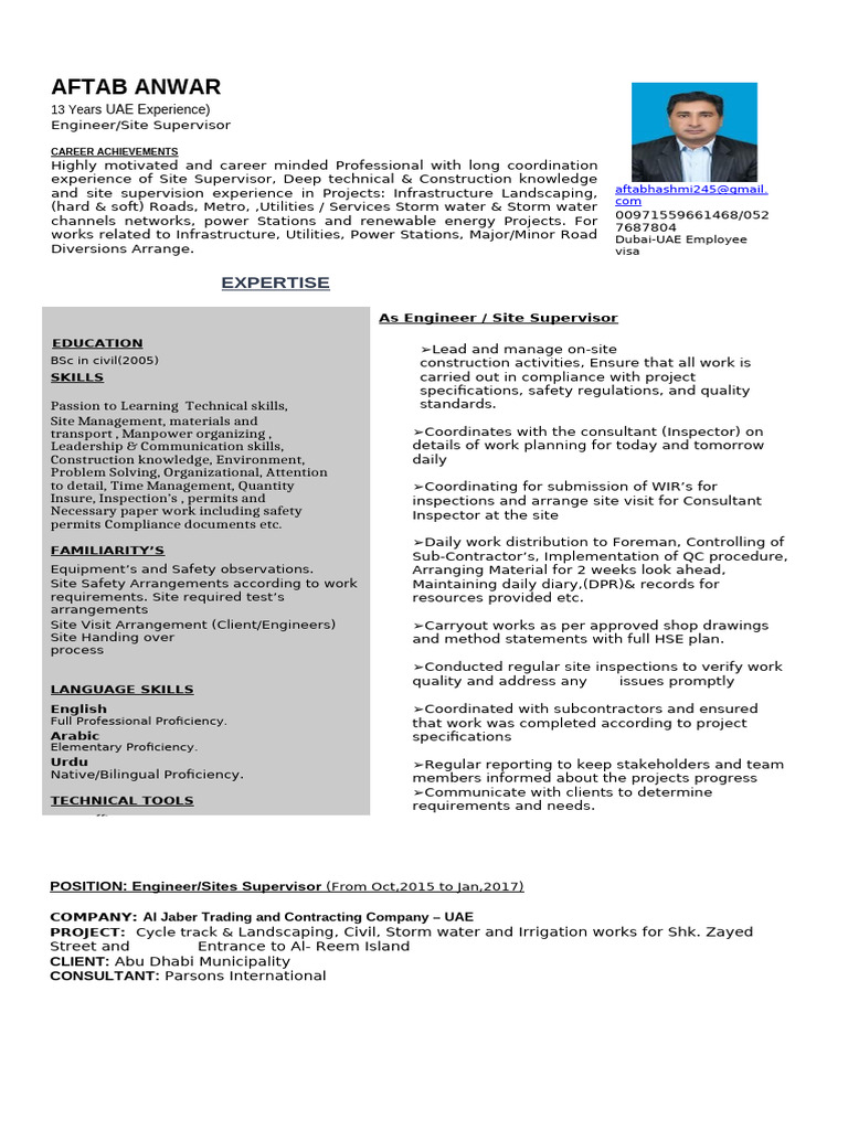 Resume Aftab Anwar Engineer | PDF | Dubai | United Arab Emirates