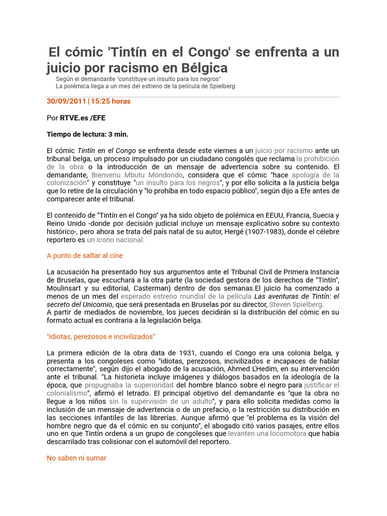 El Cómic 'Tintín en El Congo' Se Enfrenta A Un Juicio Por Racismo en ...