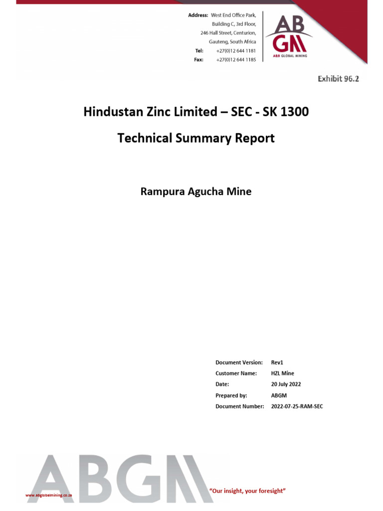 Rampura Agucha TSR 07202022 | PDF | Mining | Minerals