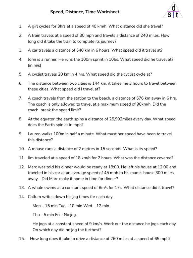 2024 Speed Distance Time Worksheet | PDF | Speed | Metrology