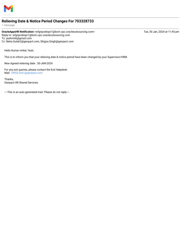 Gmail - Relieving Date & Notice Period Changes For 703328733 | PDF