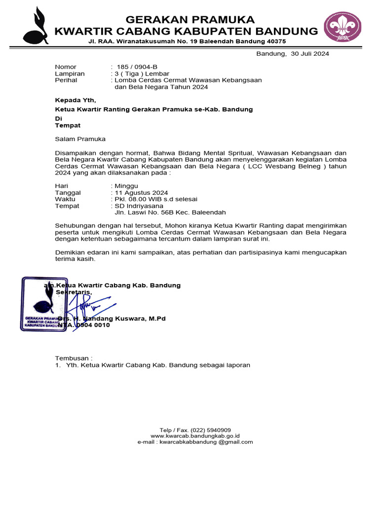 185 Surat Kegiatan LCC Wasbang Belneg | PDF