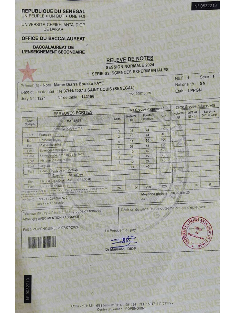 Relevé de notes du bac 2024 Sénégal | PDF | Enseignement professionnel ...