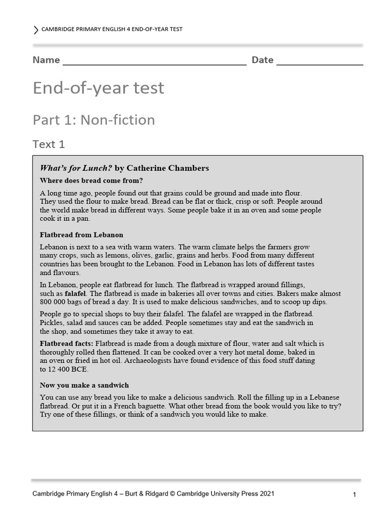 Year 4 Cambridge English End-of-Year Test | PDF | Breads | English Language