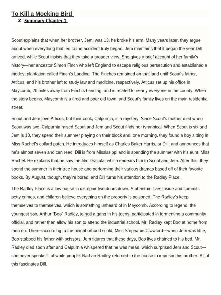 To Kill A Mocking Bird - Chapter 1 - 6b Summary and Analysis | PDF | To ...