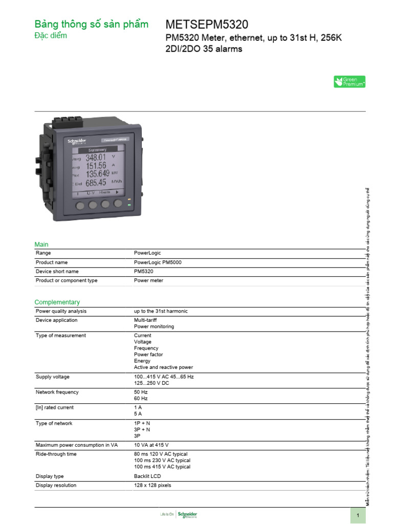 PowerLogic PM5320 Meter Specs | PDF | Ac Power | Electric Power