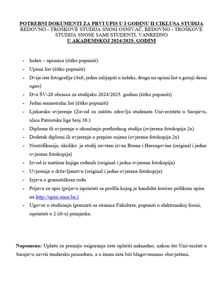 Potrebni Dokumenti Za Prvi Upis U Prvu Godinu | PDF