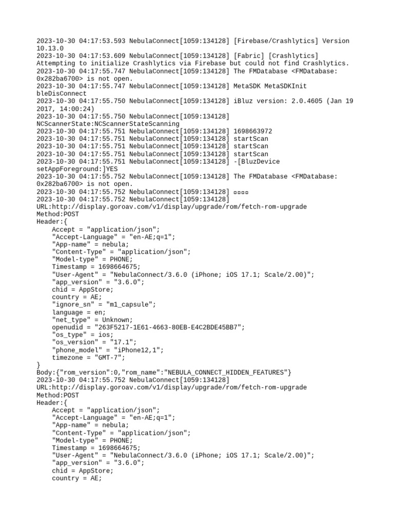 NebulaConnect Debug Log Analysis | PDF | Ios | Computing