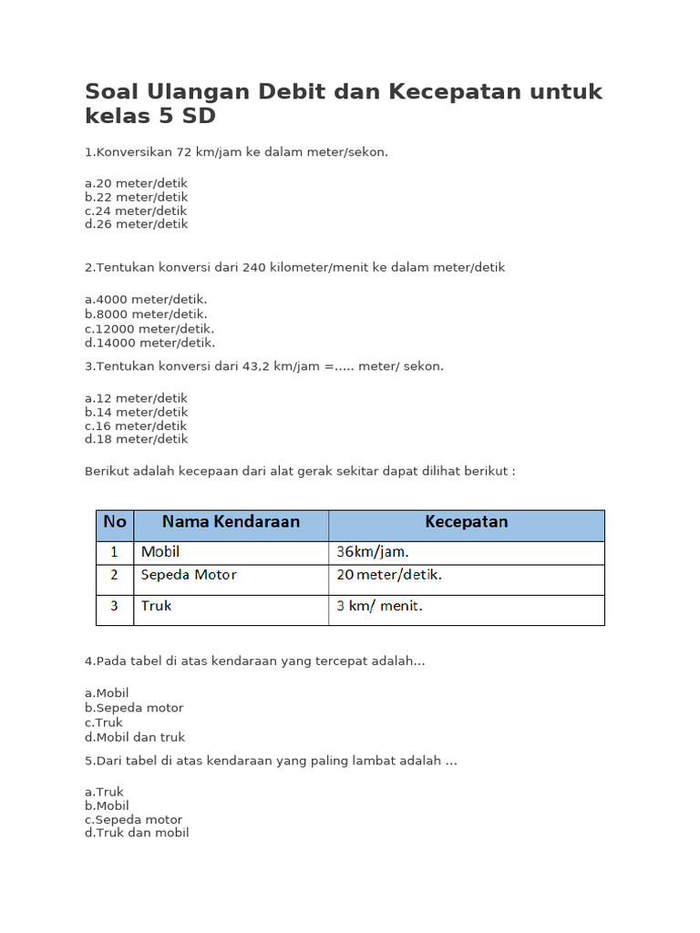 Soal Kecepatan & Debit Kelas 5 SD | PDF
