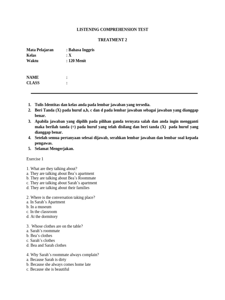 LISTENING COMPREHENSION TEST Habit Treatment 2 | PDF