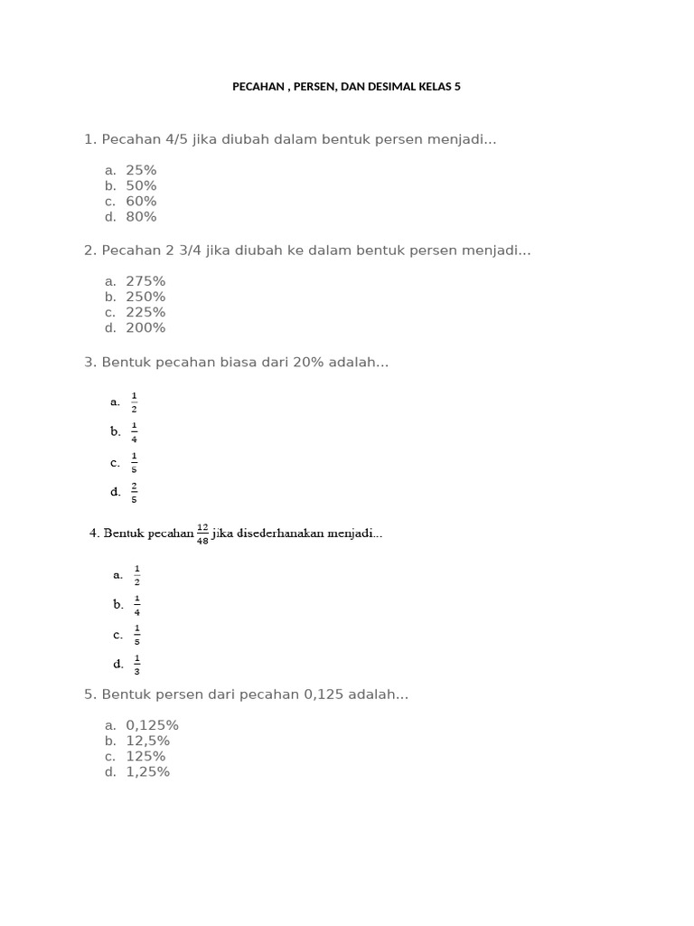 Soal Pecahan, Persen, Desimal Kelas 5 | PDF