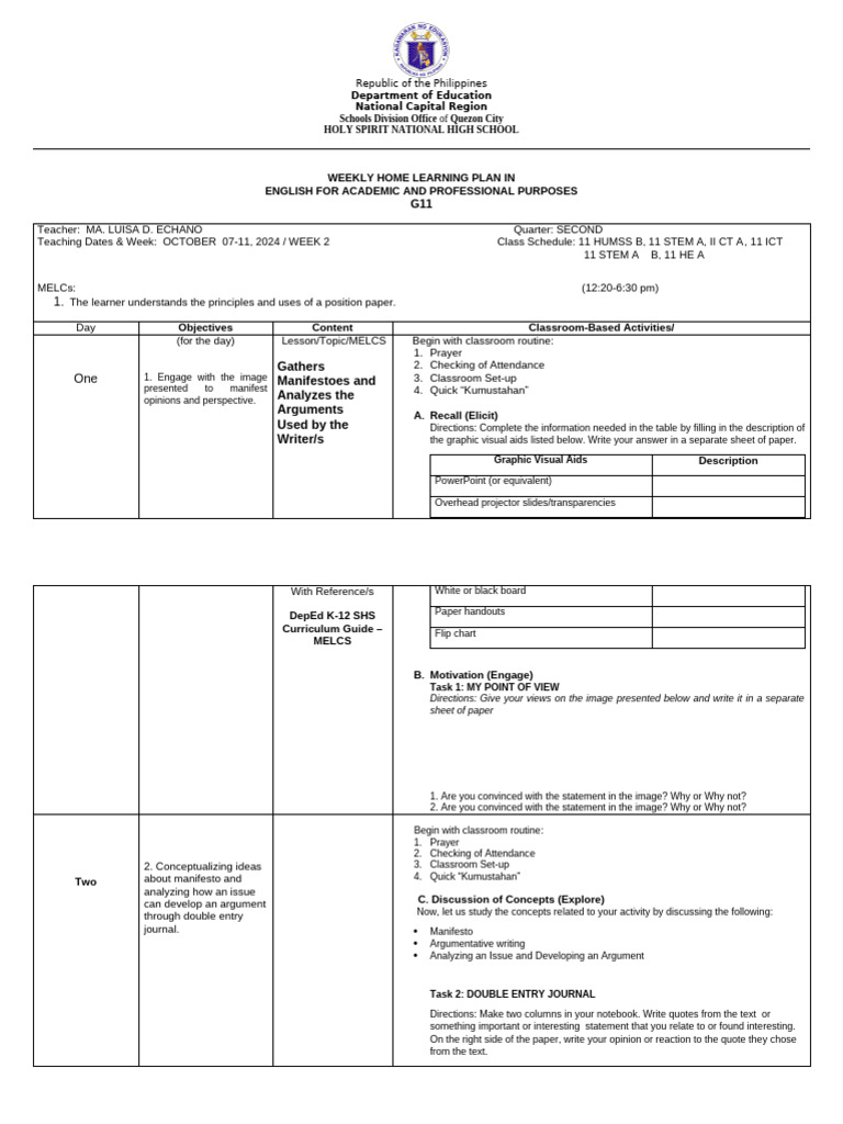 WLP-2nd QRTR - Week 1-In-English For Academic and Pro. Purposes - G11 | PDF | Analysis ...