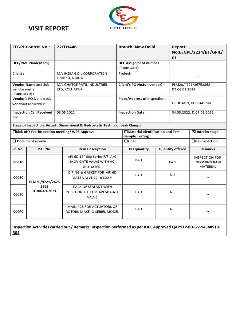 Visit Report For IOCL at GPIL | PDF