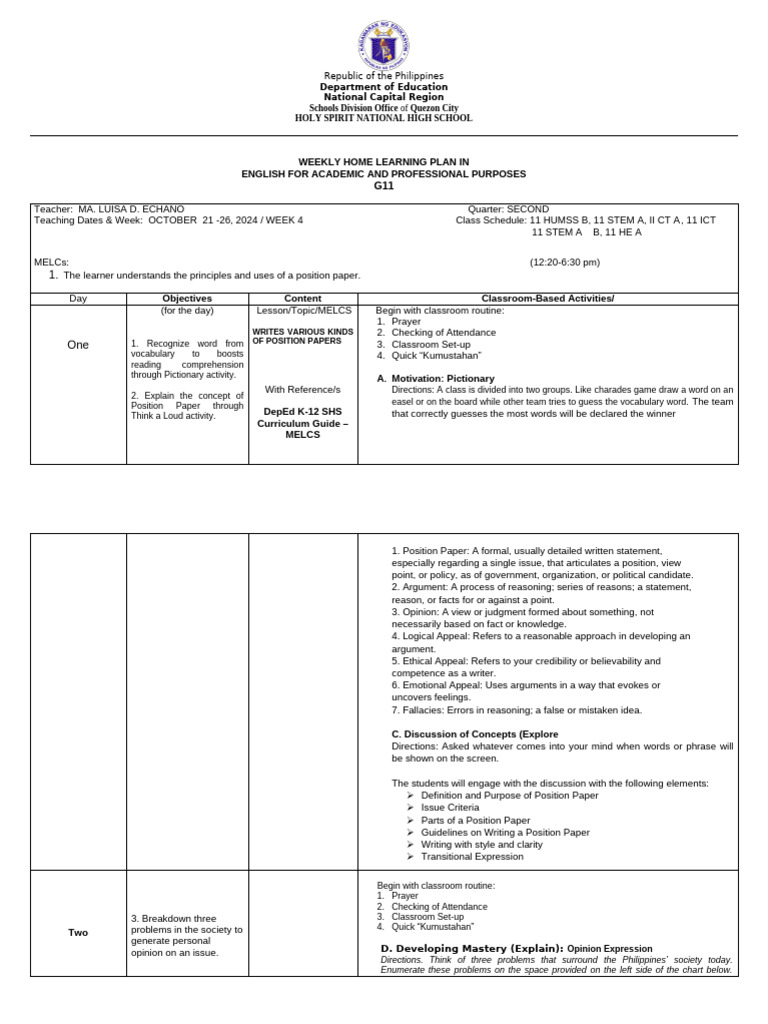 WLP-2nd QRTR - Week 3-In-English For Academic and Pro. Purposes - G11 | PDF | Fallacy | Essays