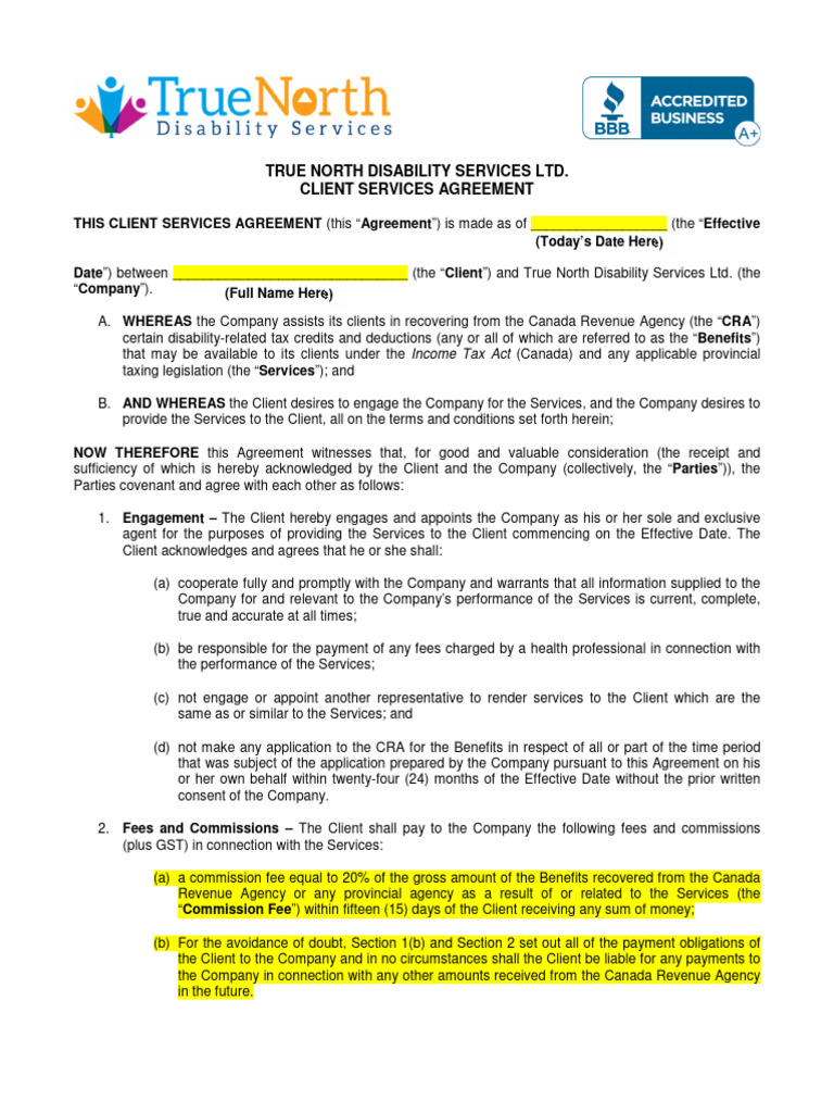 Client Services Agreement for Disability Benefits | PDF | Indemnity ...