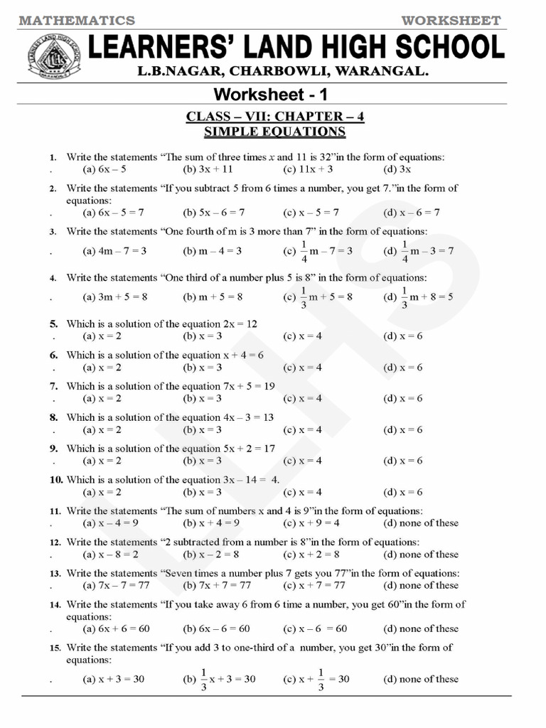 7 - Chapter 3 Simple Eq. - Worksheets | PDF