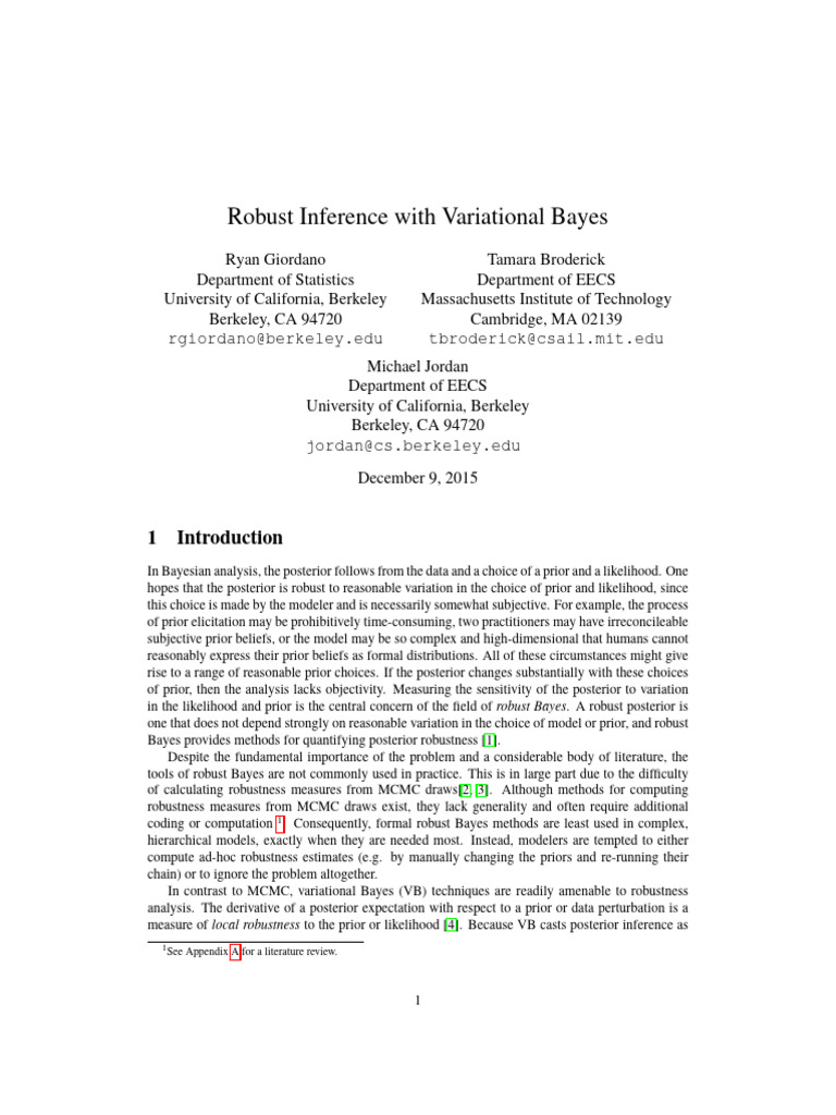 Robust Inference With Variational Bayes: Rgiordano@berkeley - Edu Tbroderick@csail - Mit.edu ...