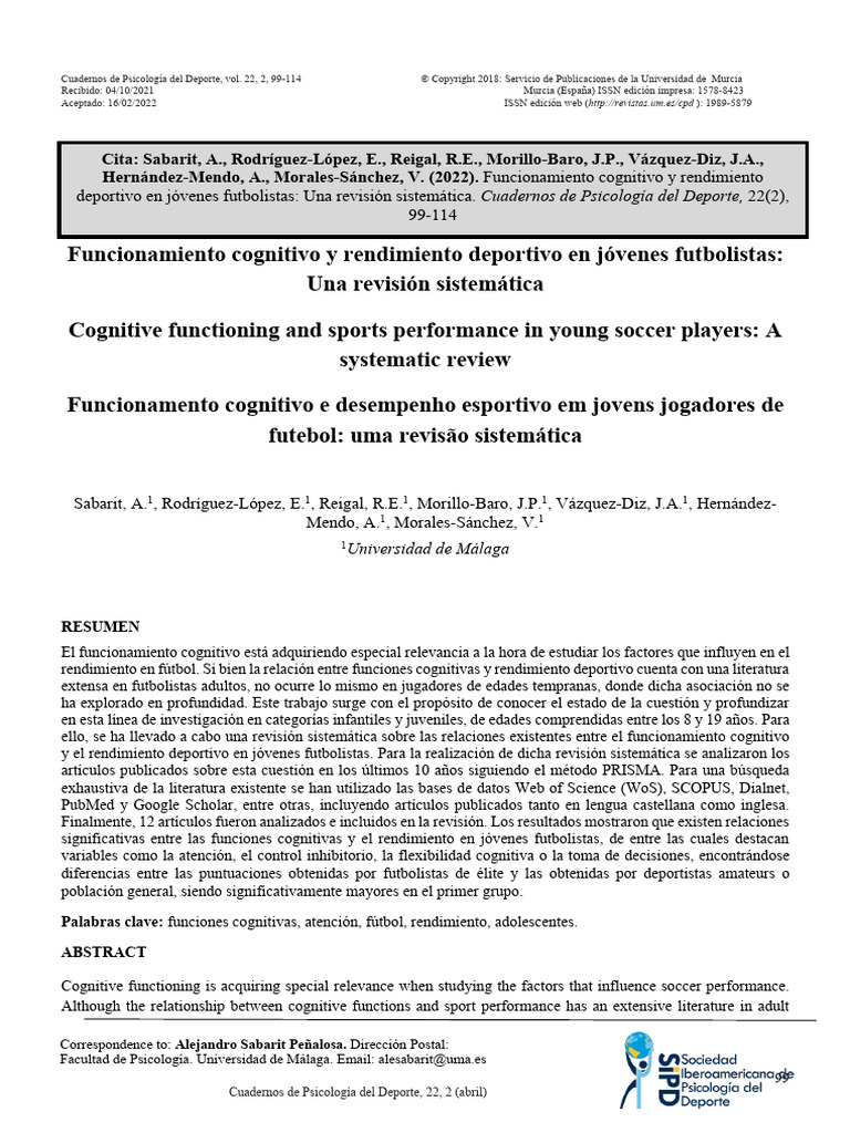 Revision Sistematica Funcionamiento Cognitivo y Rendimiento. Paper España (1999) | PDF ...
