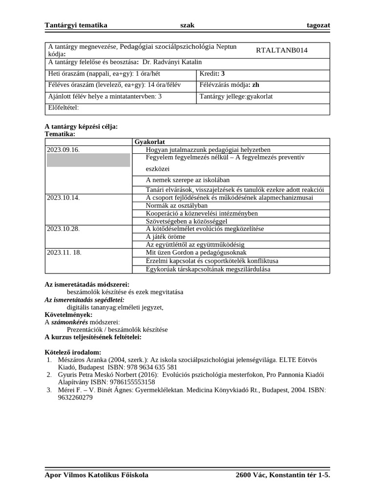 L Gyak Tan Pedagogiai Szocialpszichologia Tematika TJ | PDF