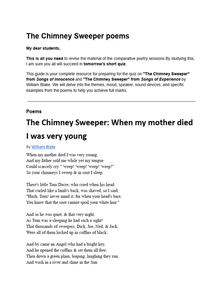 The Chimney Sweeper Poems | PDF
