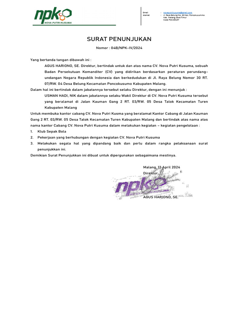 Surat Penunjukan Kantor Cabang Turen | PDF