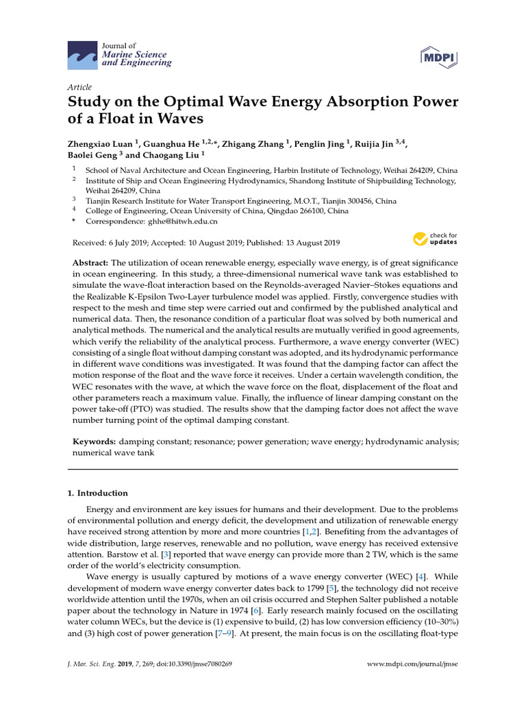 Study On The Optimal Wave Energy Absorption Power of A Float in Waves ...