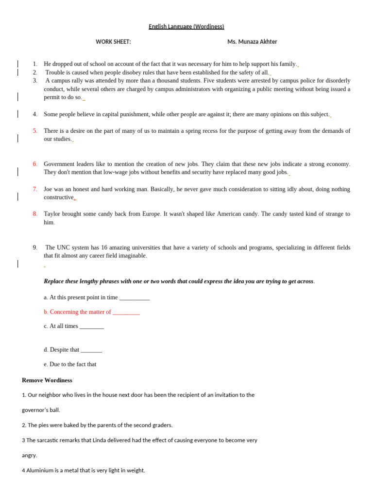 Wordiness Worksheet - Original | PDF