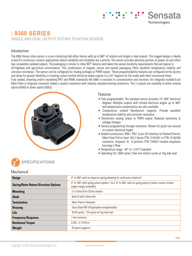 Sensata 9360 Series Rotary Position Sensor Datasheet | PDF | Electrical ...