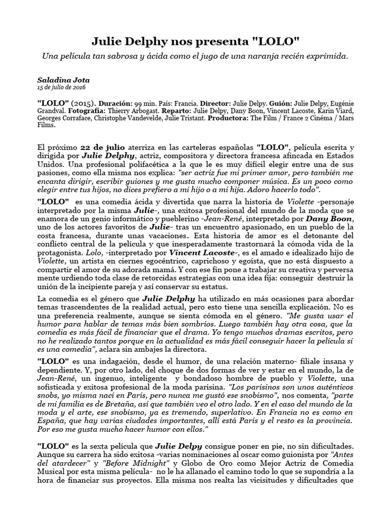 LOLO Una Película de JULIE DELPHY. Por Saladina Jota | PDF LOLO Una Película de JULIE DELPHY. Por Saladina Jota | PDF