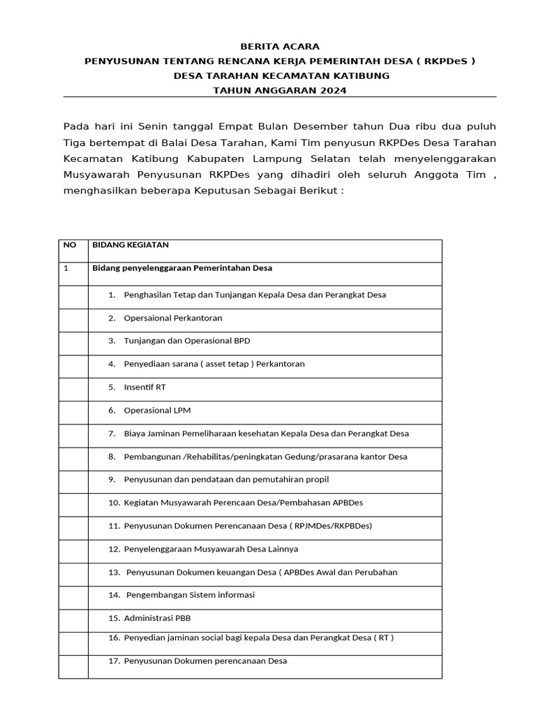 11.berita Acara Penyusunan RKPDes | PDF