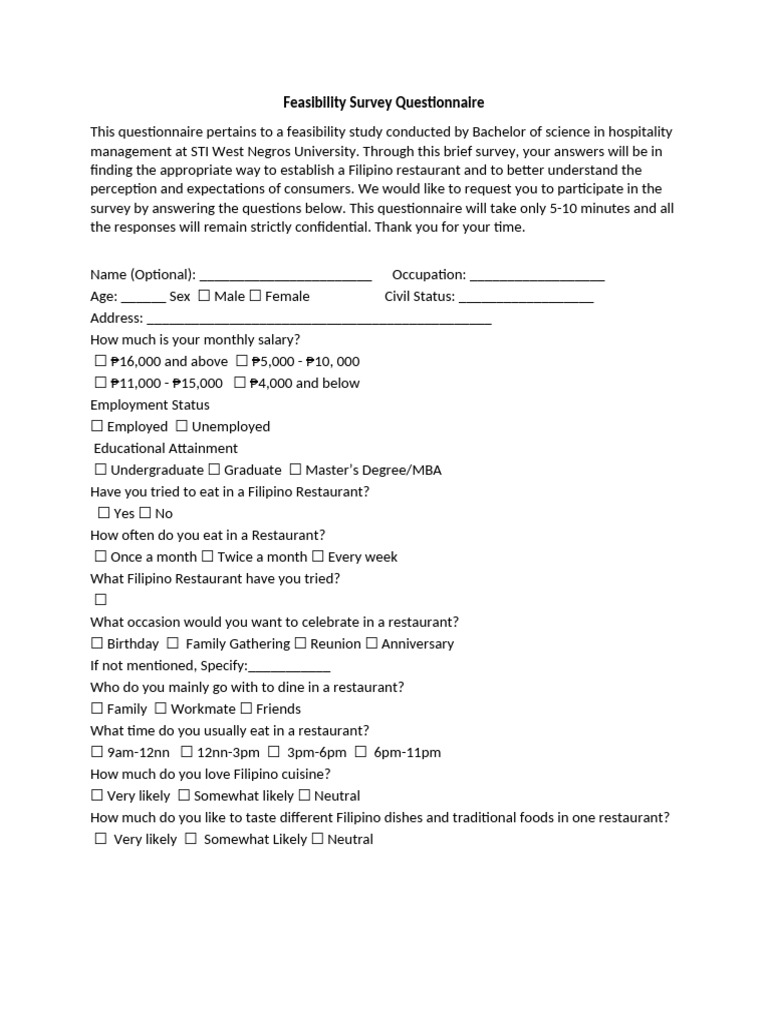 Feasibility Survey Questionnaire | PDF