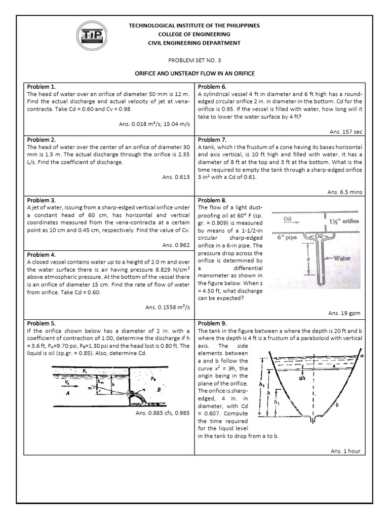 Problem Set No.3. Orifice and Unsteady Flow in An Orifice | PDF | Pressure | Dynamics (Mechanics)