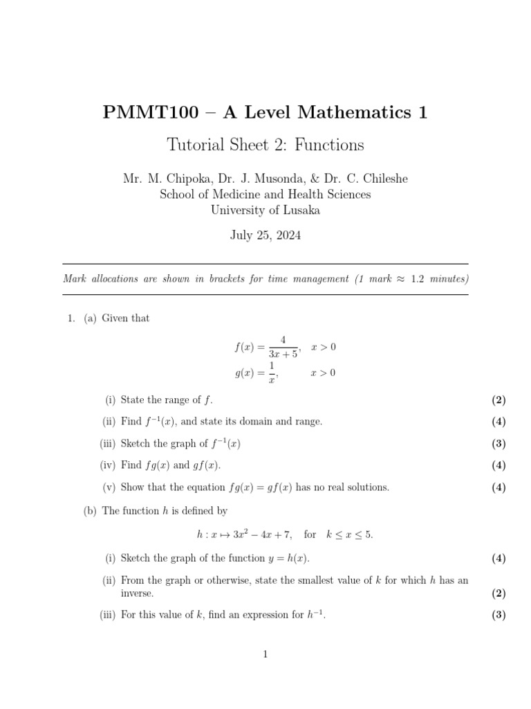 PMMT100 Tutorial Sheet 2 | PDF | Function (Mathematics) | Cartesian ...